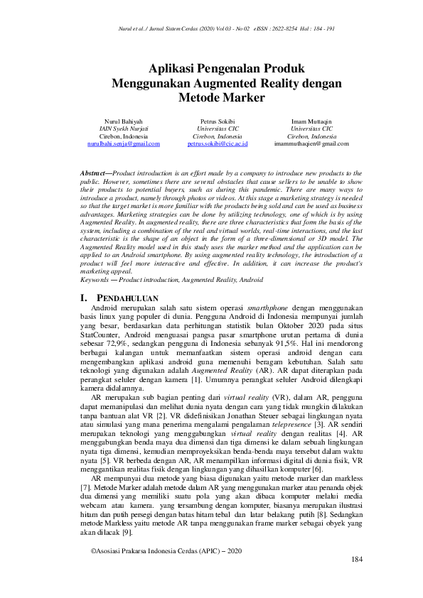 (PDF) Aplikasi Pengenalan Produk Menggunakan Augmented Reality dengan Metode Marker