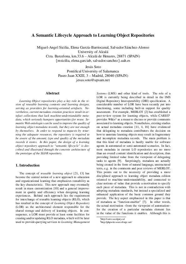 (PDF) A semantic lifecycle approach to learning object repositories