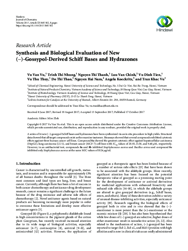 (PDF) Synthesis and Biological Evaluation of New (−)-Gossypol-Derived Schiff Bases and Hydrazones