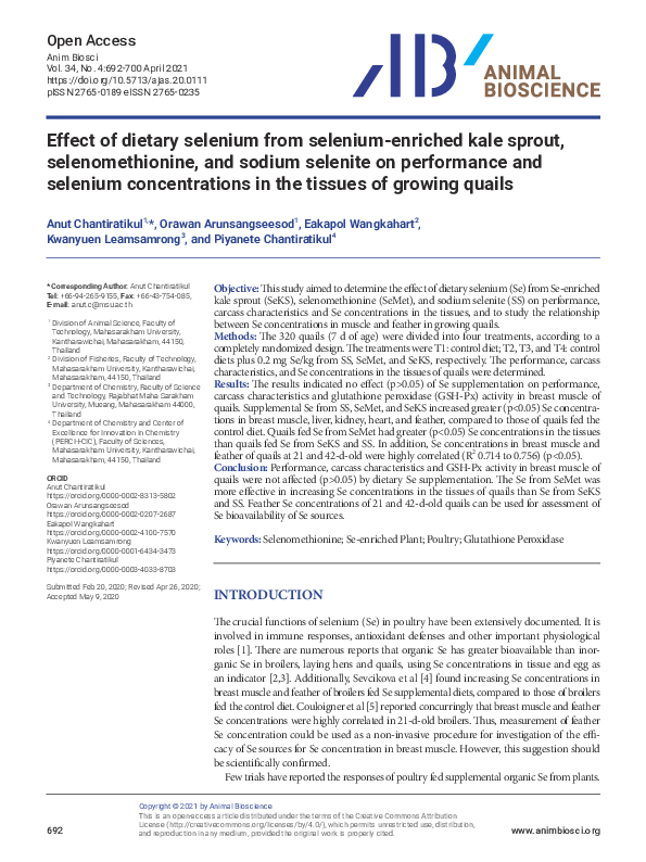 (PDF) Effect of dietary selenium from selenium-enriched kale sprout ... (PDF) Effect of dietary selenium from selenium-enriched kale sprout ...