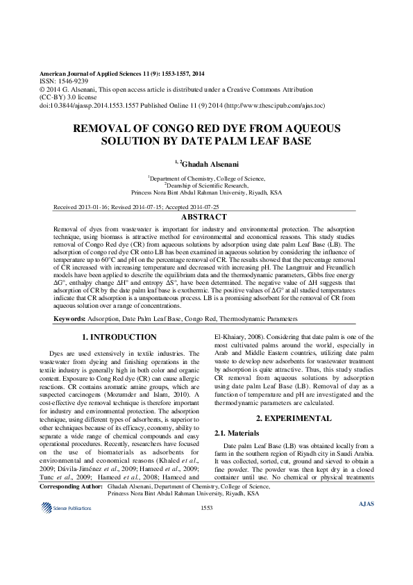 (PDF) Removal of Congo Red Dye from Aqueous Solution by Date Palm Leaf Base