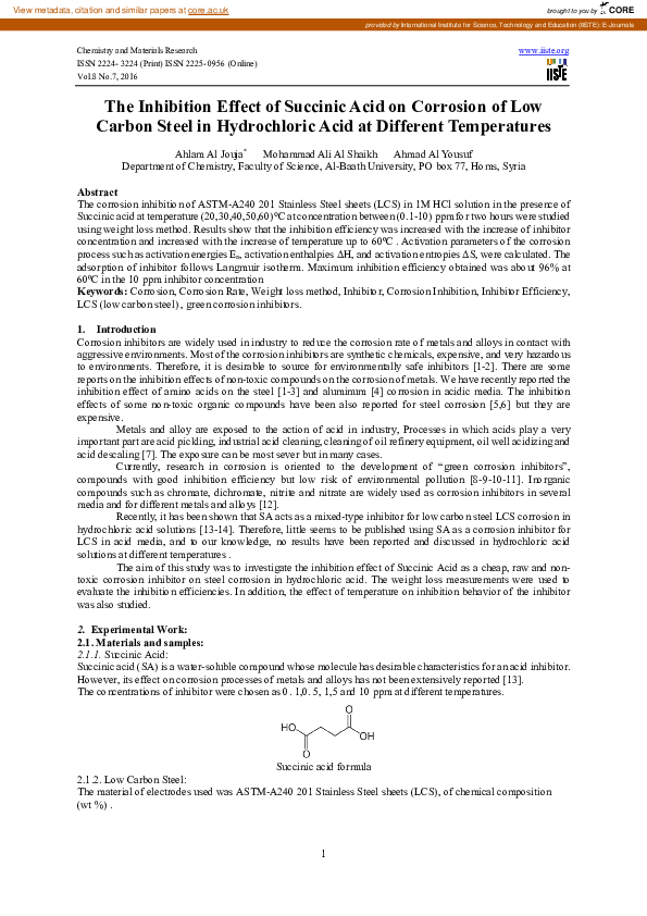 (PDF) The Inhibition Effect of Succinic Acid on Corrosion of Low Carbon ...