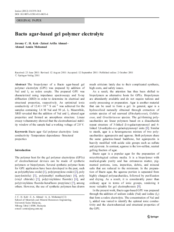 (PDF) Bacto agar-based gel polymer electrolyte | zainal arifin ahmad ...