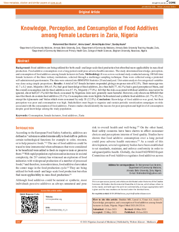 (PDF) Knowledge, perception, and consumption of food additives among female lecturers in Zaria ...