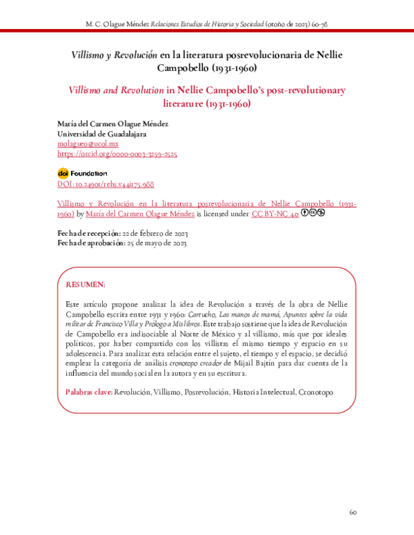 (PDF) Villismo y Revolución en la literatura posrevolucionaria de Nellie Campobello (1931-1960)