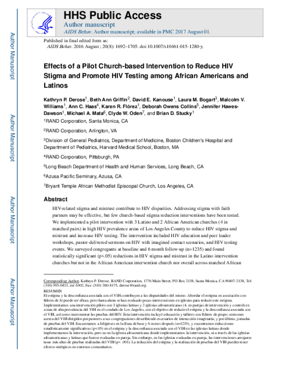 (PDF) Effects of a Pilot Church-Based Intervention to Reduce HIV Stigma ...