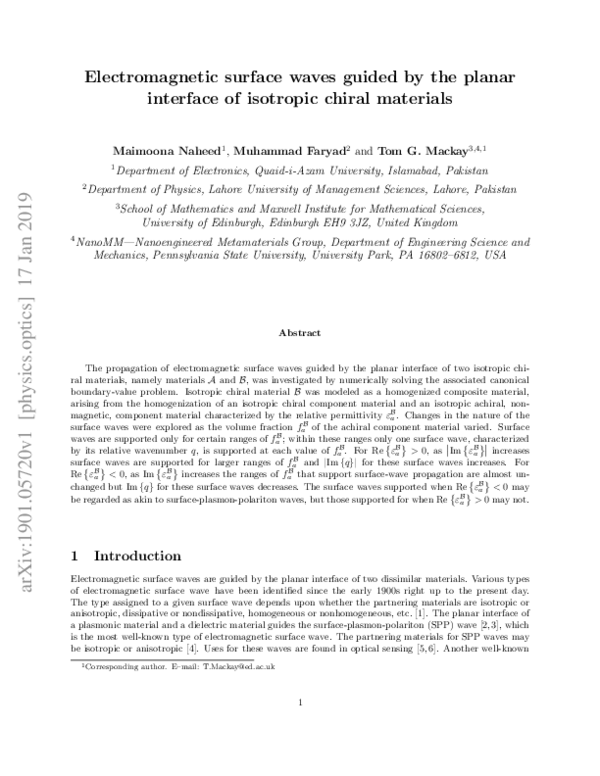 (PDF) Electromagnetic surface waves guided by the planar interface of isotropic chiral materials