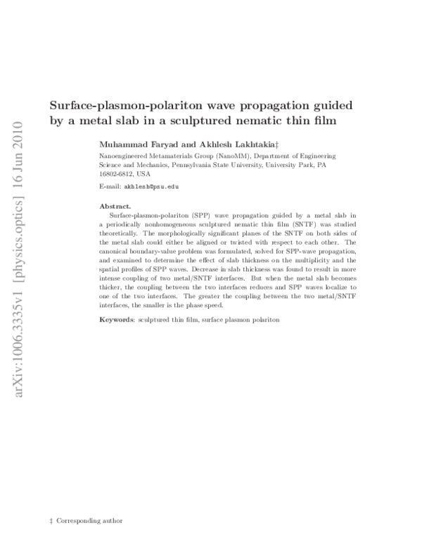 (PDF) SPP Wave Propagation in Sculptured Thin Films