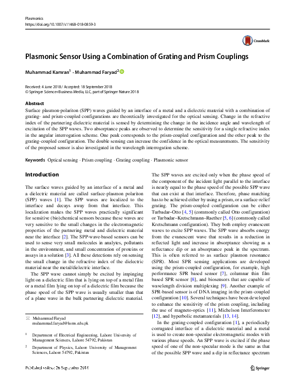 (PDF) Plasmonic Sensor Using a Combination of Grating and Prism Couplings