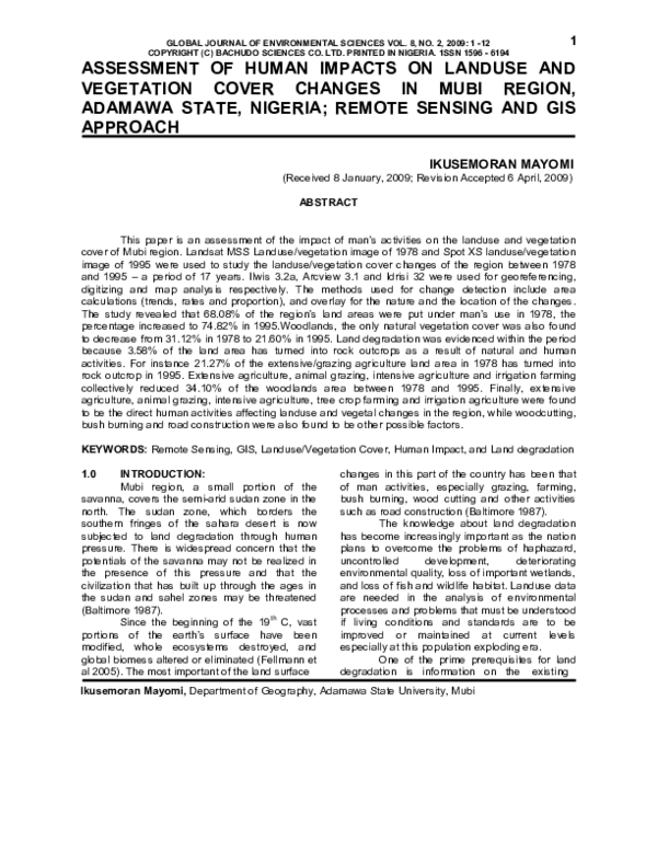 (PDF) Assessment of human impacts on landuse and vegetation cover changes in Mubi region ...