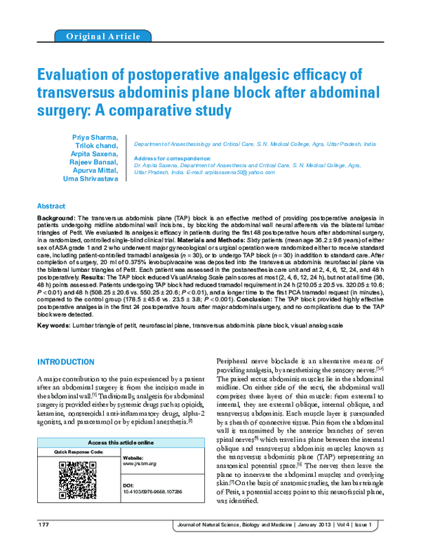 (PDF) Evaluation of postoperative analgesic efficacy of transversus ...