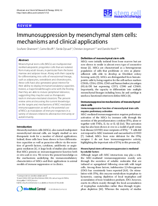 (PDF) Immunosuppression by mesenchymal stem cells: mechanisms and clinical applications