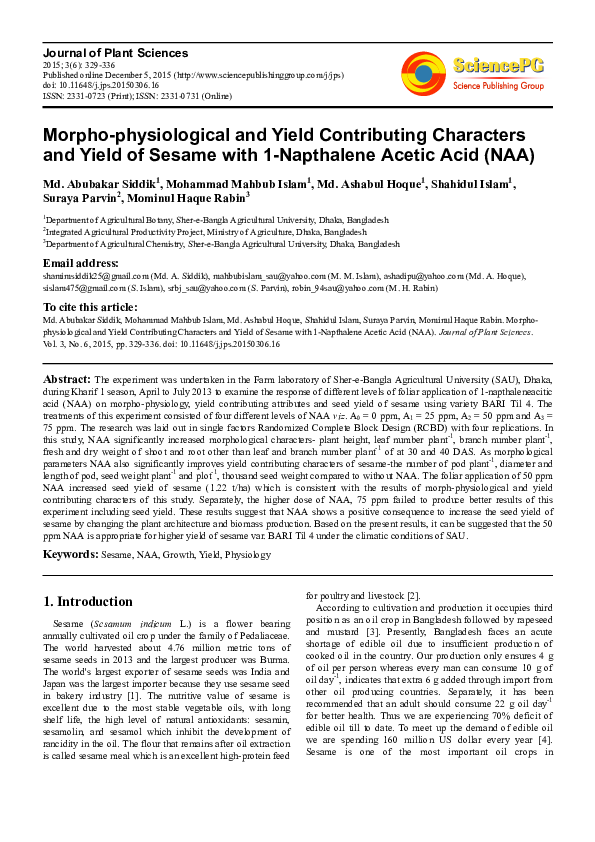 (PDF) Morpho-physiological and Yield Contributing Characters and Yield of Sesame with 1 ...