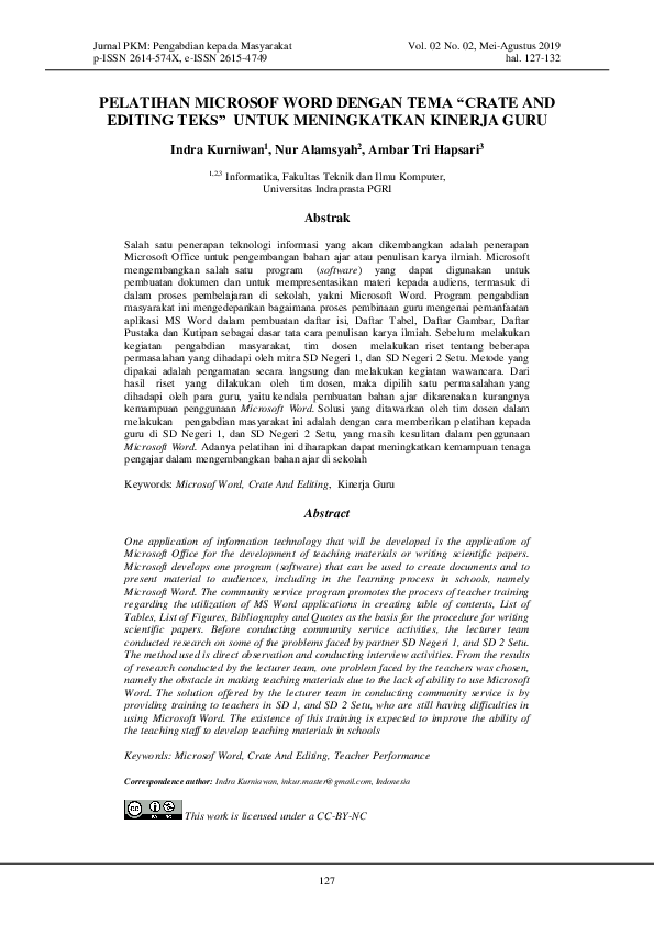 (PDF) Pelatihan Microsof Word dengan Tema “Crate And Editing Teks” untuk Meningkatkan Kinerja Guru