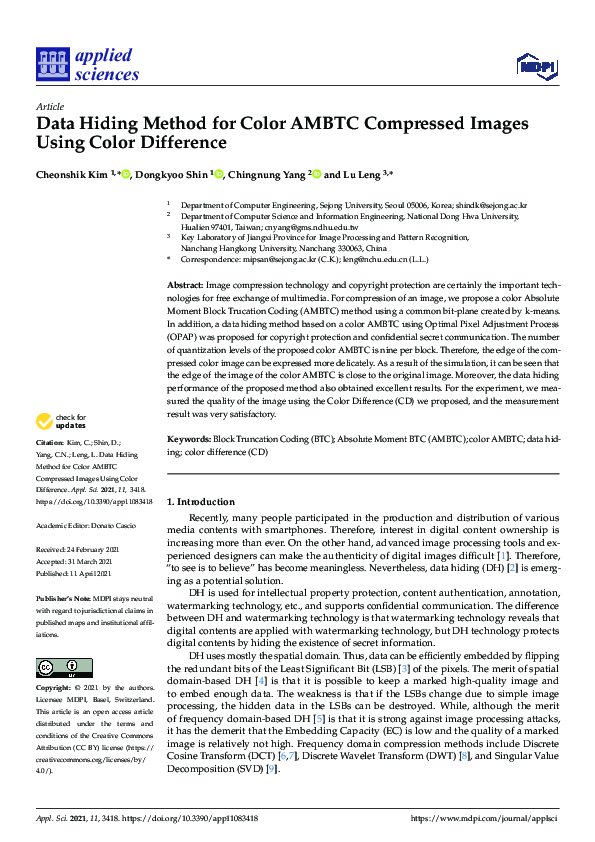 (PDF) Data Hiding Method for Color AMBTC Compressed Images Using Color Difference