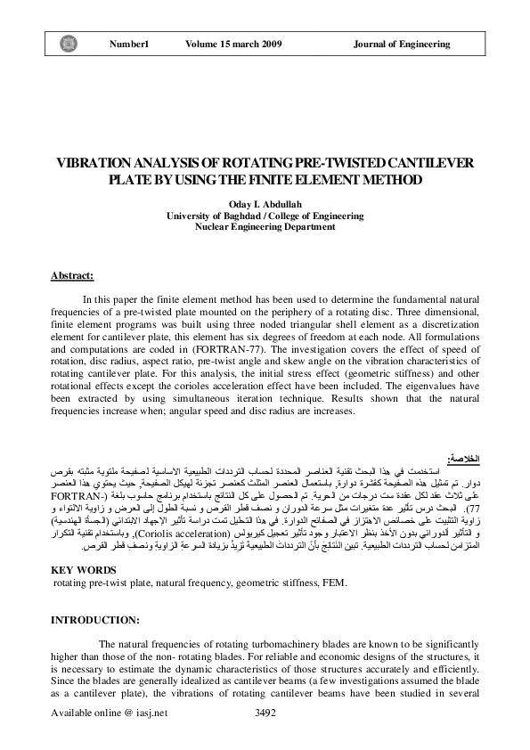 (PDF) Vibration Analysis of Rotating Pre-Twisted Cantilever Plate by using the Finite Element Method