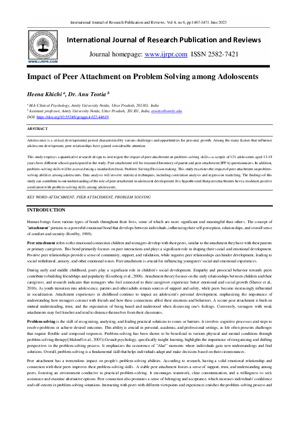 (PDF) Impact of Peer Attachment on Problem Solving among Adoloscents | Anu Teotia - Academia.edu