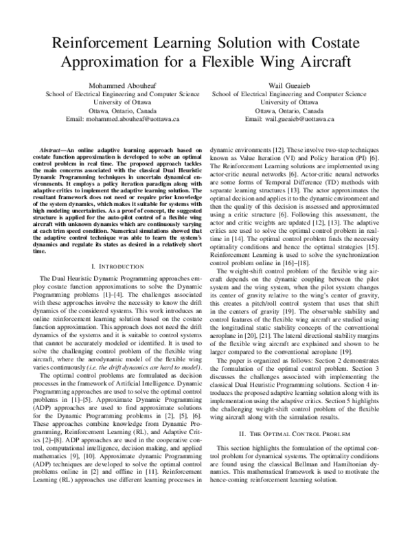 (PDF) Reinforcement Learning Solution with Costate Approximation for a Flexible Wing Aircraft