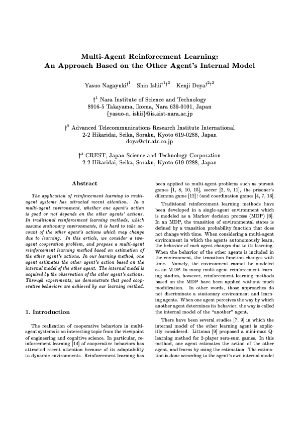 (PDF) Multi-agent reinforcement learning: an approach based on the other agent's internal model