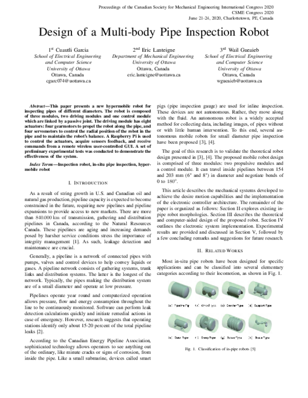 (PDF) Design of a Multi-body Pipe Inspection Robot