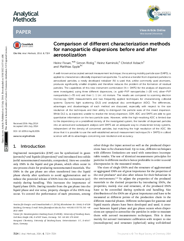 (PDF) Comparison of different characterization methods for nanoparticle dispersions before and ...