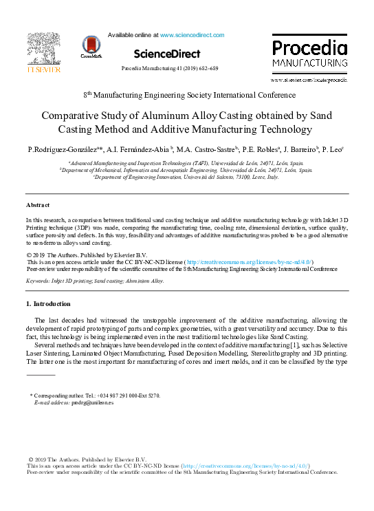 (PDF) Comparative Study of Aluminum Alloy Casting obtained by Sand Casting Method and Additive ...