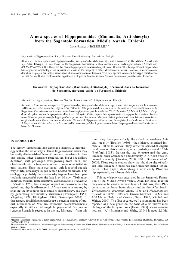 (PDF) A new species of Hippopotamidae (Mammalia, Artiodactyla) from the ...