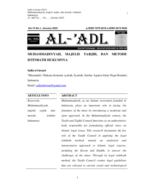 (PDF) MUHAMMADIYYAH, MAJELIS TARJIH, DAN METODE ISTINBATH HUKUMNYA
