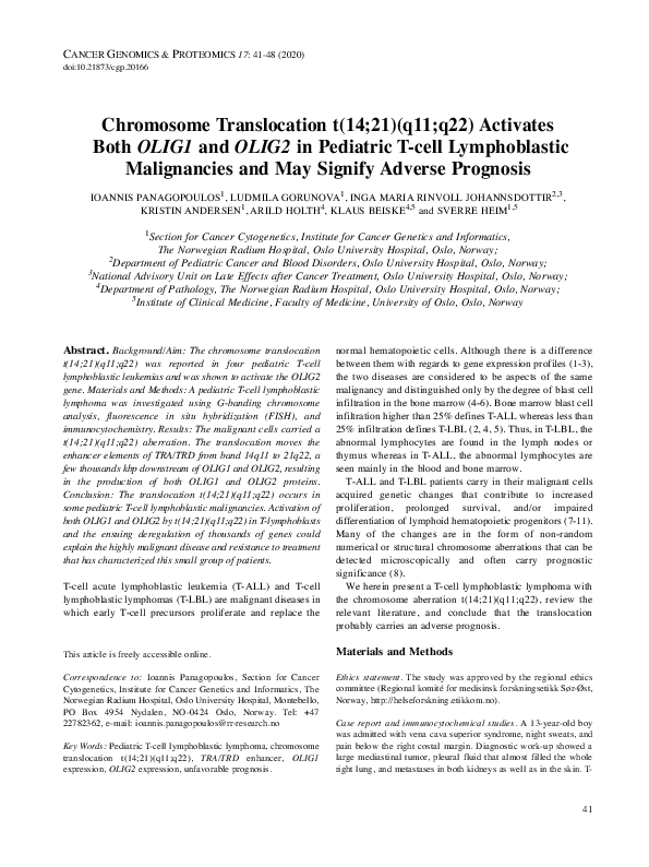 (PDF) Chromosome Translocation t(14;21)(q11;q22) Activates Both OLIG1 ...