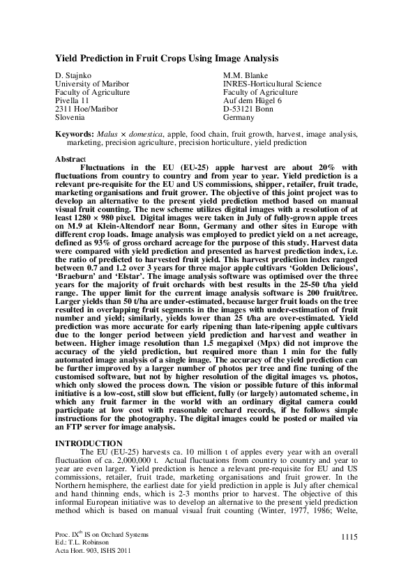 (PDF) Yield Prediction in Fruit Crops Using Image Analysis