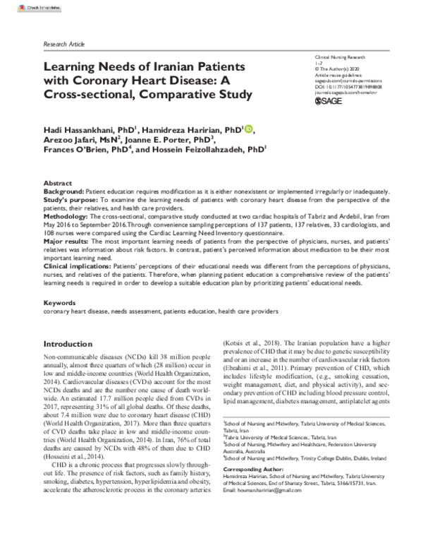 (PDF) Learning Needs of Iranian Patients with Coronary Heart Disease: A ...