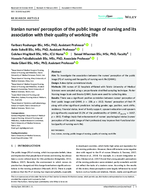(PDF) Iranian nurses' perception of the public image of nursing and its association with their ...