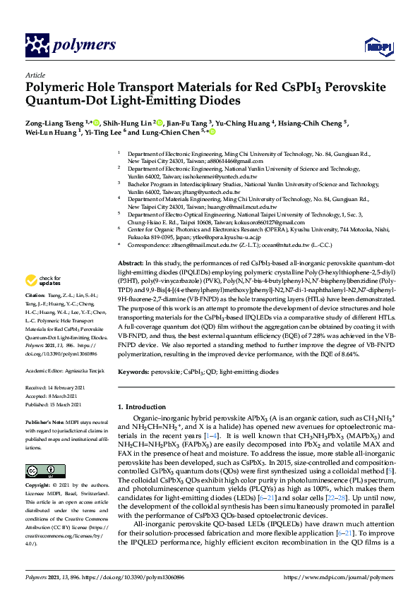 (PDF) Polymeric Hole Transport Materials for Red CsPbI3 Perovskite Quantum-Dot Light-Emitting Diodes
