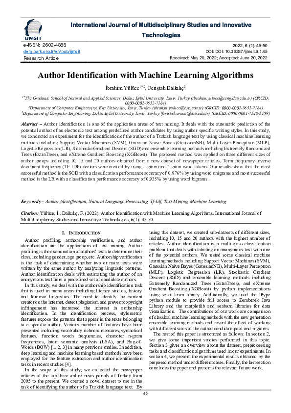 (PDF) Author Identification with Machine Learning Algorithms