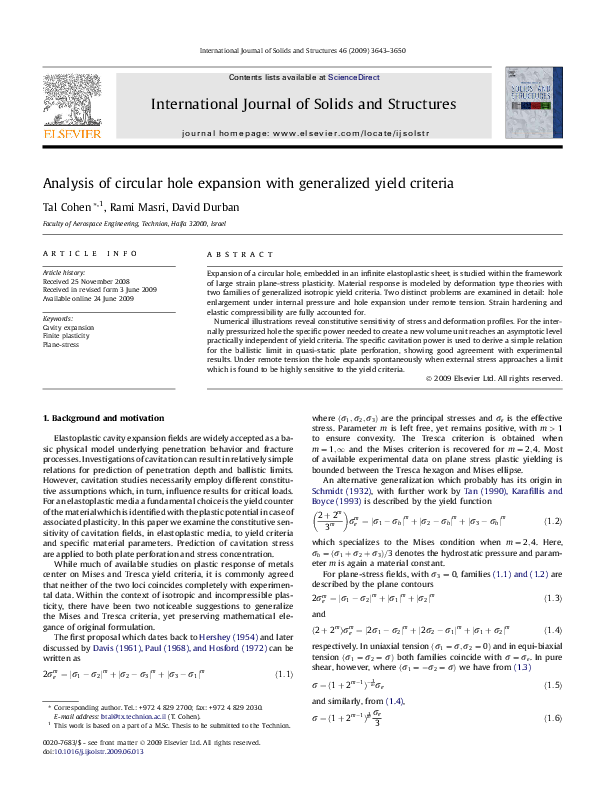 (PDF) Analysis of circular hole expansion with generalized yield criteria