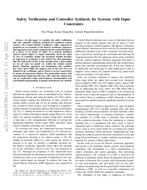 (PDF) Safety Verification and Controller Synthesis for Systems with Input Constraints