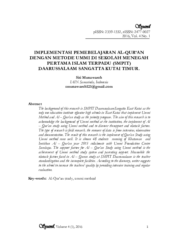 (PDF) Implementasi Pembelajaran Al-Qur’an dengan Metode Ummi di Sekolah Menengah Pertama Islam ...