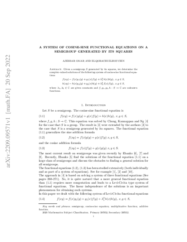 (PDF) A system of cosine-sine functional equations on a semigroup generated by its squares