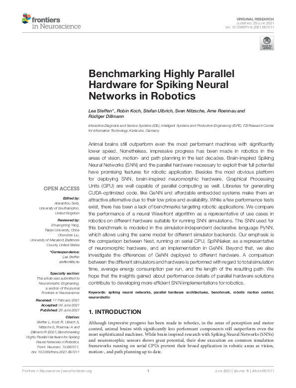 (PDF) Benchmarking Highly Parallel Hardware for Spiking Neural Networks in Robotics