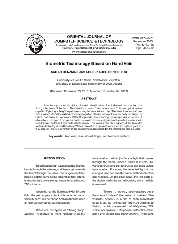 (PDF) Biometric Technology Based on Hand Vein