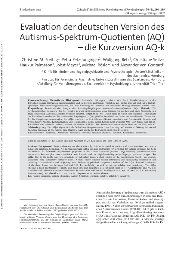 (PDF) Evaluation der deutschen Version des Autismus-Spektrum-Quotienten ...
