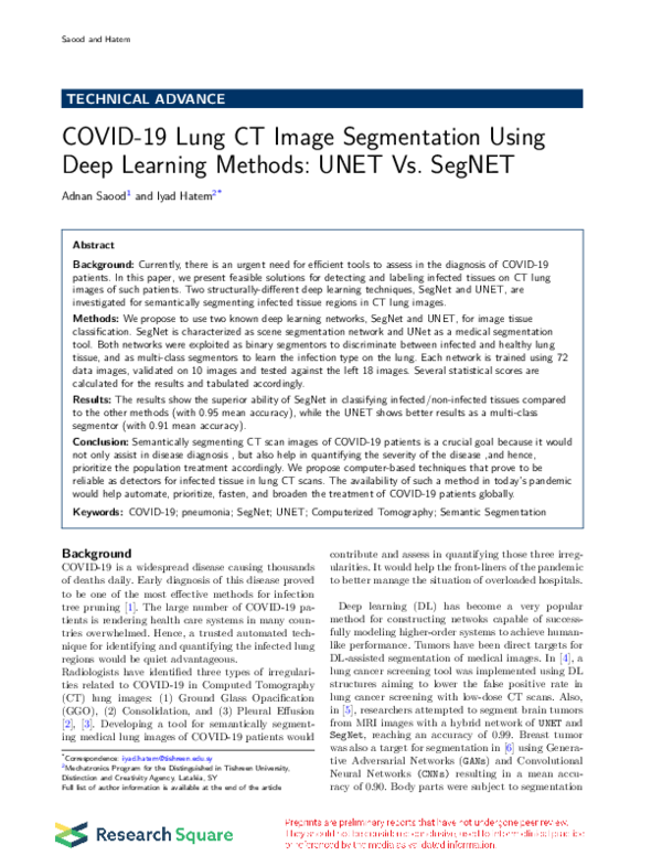 (PDF) COVID-19 Lung CT Image Segmentation Using Deep Learning Methods: UNET Vs. SegNET
