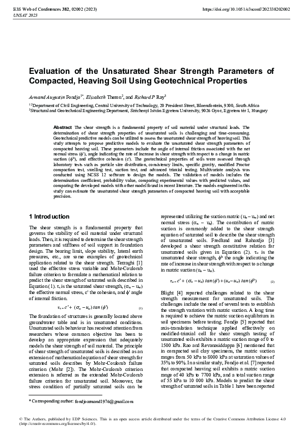 (PDF) Evaluation of the Unsaturated Shear Strength Parameters of Compacted, Heaving Soil Using ...
