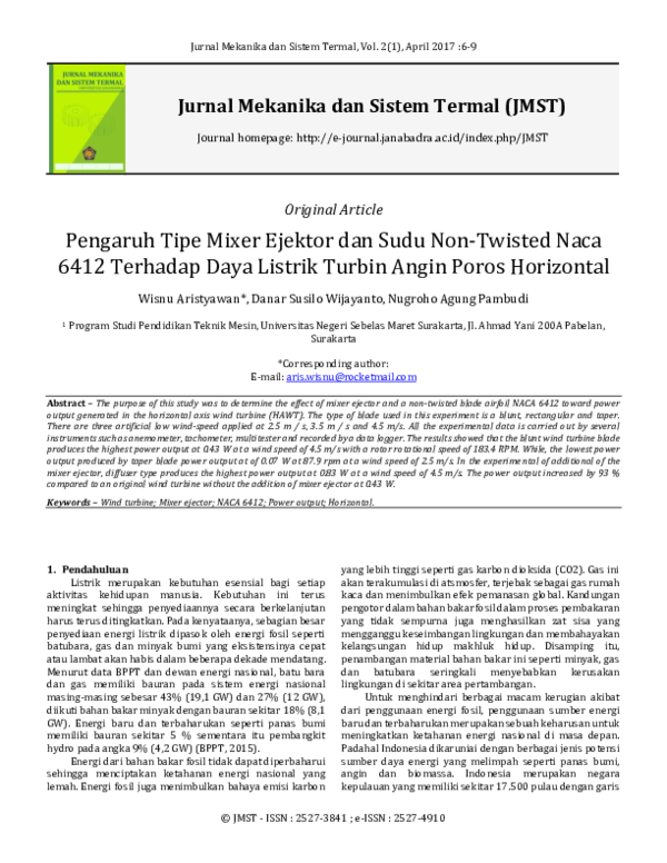 (PDF) Jurnal Mekanika dan Sistem Termal (JMST) Pengaruh Tipe Mixer Ejektor dan Sudu Non-Twisted ...