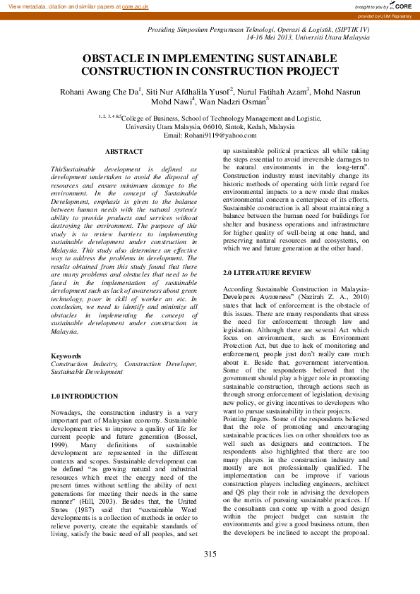 (PDF) Obstacle in implementing sustainable construction in construction ...