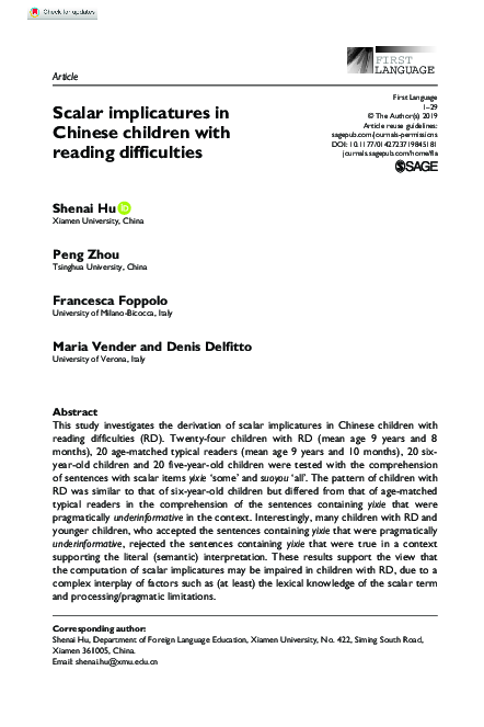 (PDF) Scalar implicatures in Chinese children with reading difficulties