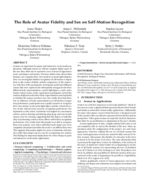 Pdf The Role Of Avatar Fidelity And Sex On Self Motion Recognition