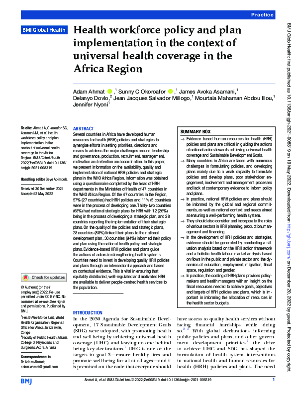 (PDF) Health Workforce Policies in Africa's Universal Coverage Context