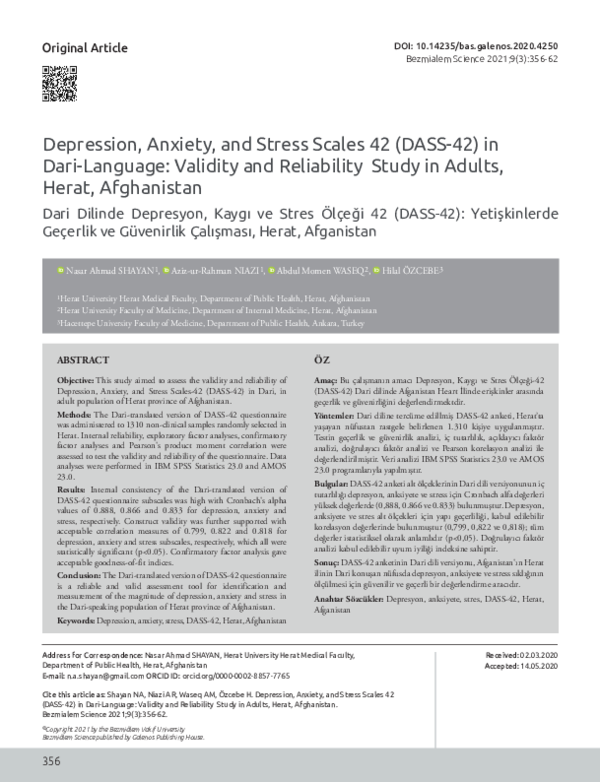 (PDF) Depression, Anxiety, and Stress Scales 42 (DASS-42) in Dari-Language: Validity and ...