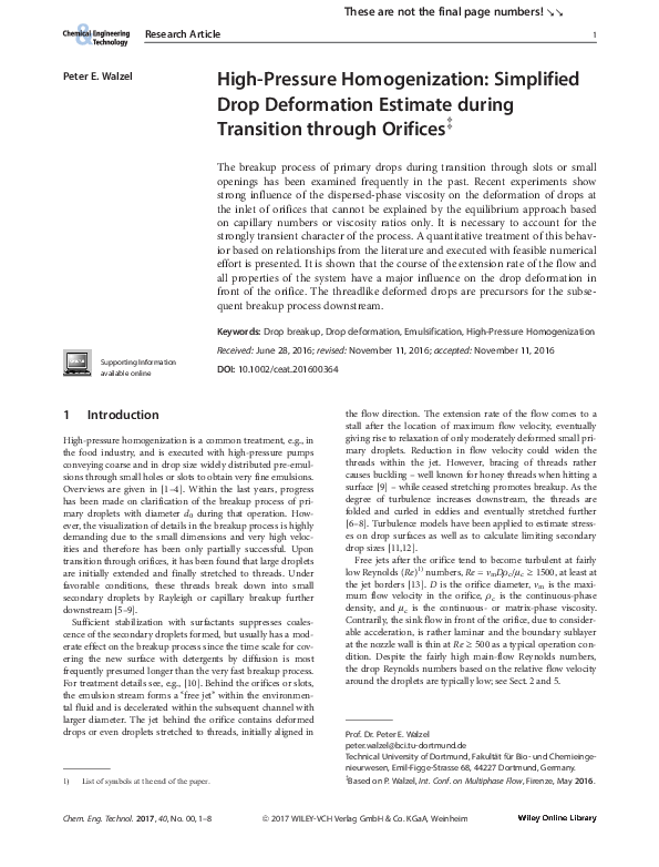 (PDF) High-Pressure Homogenization: Simplified Drop Deformation Estimate during Transition ...